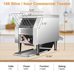 Commercial conveyor toaster 150 slices/hour, 7.3in opening width conveyor toaster For Bread Bagel Breakfast Food, 1300W heavy duty stainless steel toaster for Cafes, Buffets, Restaurants, and Coffee.