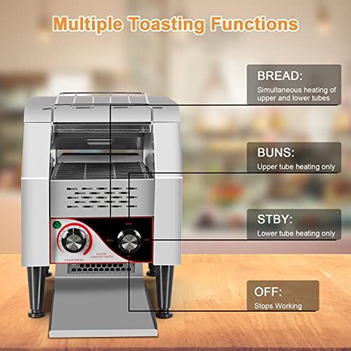 Commercial conveyor toaster 150 slices/hour, 7.3in opening width conveyor toaster For Bread Bagel Breakfast Food, 1300W heavy duty stainless steel toaster for Cafes, Buffets, Restaurants, and Coffee.