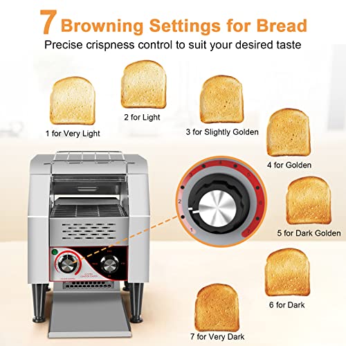 Commercial conveyor toaster 150 slices/hour, 7.3in opening width conveyor toaster For Bread Bagel Breakfast Food, 1300W heavy duty stainless steel toaster for Cafes, Buffets, Restaurants, and Coffee.