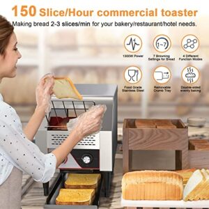 Commercial conveyor toaster 150 slices/hour, 7.3in opening width conveyor toaster For Bread Bagel Breakfast Food, 1300W heavy duty stainless steel toaster for Cafes, Buffets, Restaurants, and Coffee.