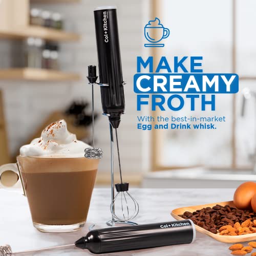 COLPRODUCT – Kitchen tool. Rechargeable drink mixer electric handheld. Milk frother for coffee, bubble tea, chocolate, frappe, and cocktail maker and scrambled eggs. Two mini whisk included.