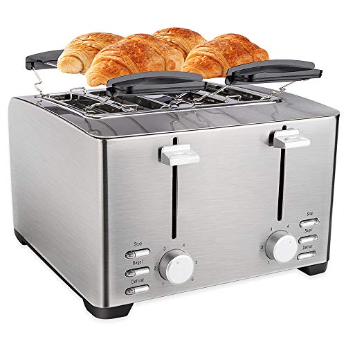 Schloß 4 Slice Toaster, Extra Wide Slot for Bread, Stainless Steel,Warming Rack, 6 Shade Settings, Bagel/Defrost/Cancel with Removal Crumb Tray (THT-3012D)