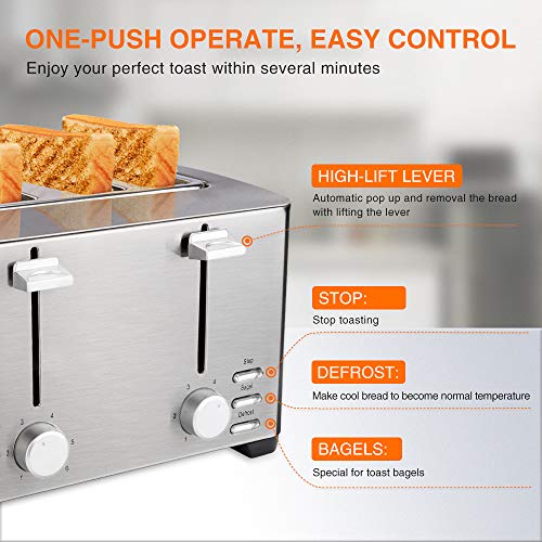 Schloß 4 Slice Toaster, Extra Wide Slot for Bread, Stainless Steel,Warming Rack, 6 Shade Settings, Bagel/Defrost/Cancel with Removal Crumb Tray (THT-3012D)