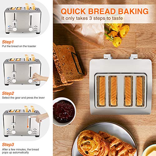 Schloß 4 Slice Toaster, Extra Wide Slot for Bread, Stainless Steel,Warming Rack, 6 Shade Settings, Bagel/Defrost/Cancel with Removal Crumb Tray (THT-3012D)