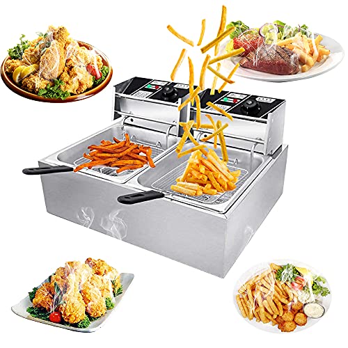 CMFTGDS Electric Deep Fryer with Basket & Lid, 12L Stainless Steel Professional Home Commercial 2 Tank Frying Machine Chicken Turkey Chips Large Capacity French Fryer (Dual tank)