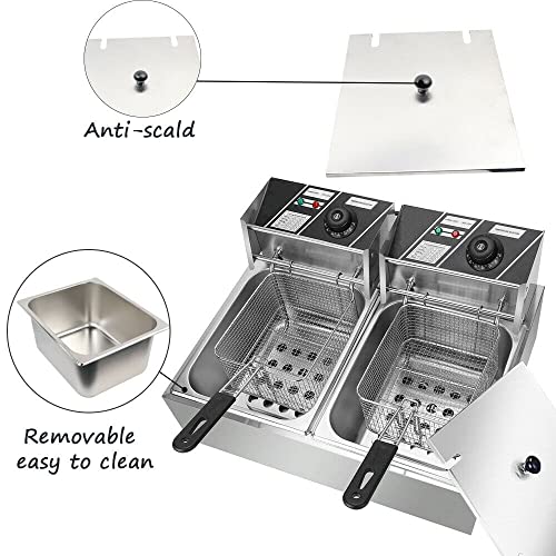 CMFTGDS Electric Deep Fryer with Basket & Lid, 12L Stainless Steel Professional Home Commercial 2 Tank Frying Machine Chicken Turkey Chips Large Capacity French Fryer (Dual tank)