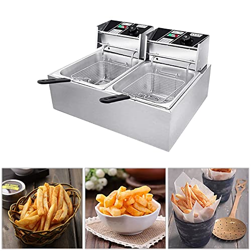 CMFTGDS Electric Deep Fryer with Basket & Lid, 12L Stainless Steel Professional Home Commercial 2 Tank Frying Machine Chicken Turkey Chips Large Capacity French Fryer (Dual tank)