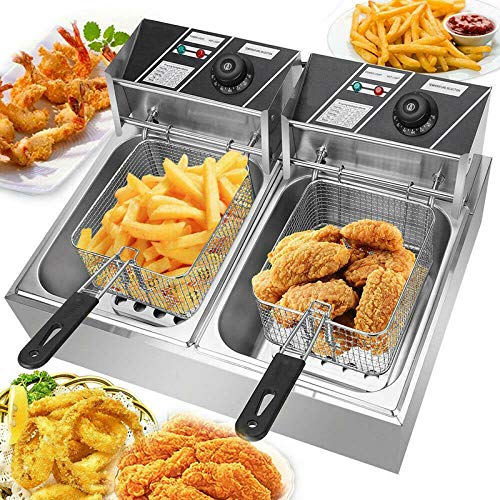 CMFTGDS Electric Deep Fryer with Basket & Lid, 12L Stainless Steel Professional Home Commercial 2 Tank Frying Machine Chicken Turkey Chips Large Capacity French Fryer (Dual tank)