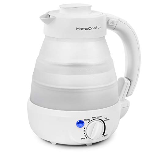 HomeCraft HCCWK6WH 0.6 Liter 500-Watt Collapsible Electric Water Kettle With Rapid Boil, Folds Down in Seconds For Portability & Storage, Boil-Dry Protection, Adjustable Temperature Control