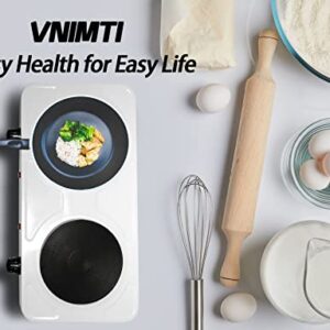 VNIMTI 2000W Countertop Burner Electric Double Hot Plate Stainless Steel Flat Burner Cast Iron Cooktop for Dorm, Office, Home, camping. Temperature Control & Compatible with All Cookware & Fast Heating & Easy to Clean & Portable Compact, White