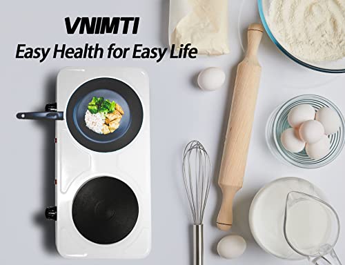 VNIMTI 2000W Countertop Burner Electric Double Hot Plate Stainless Steel Flat Burner Cast Iron Cooktop for Dorm, Office, Home, camping. Temperature Control & Compatible with All Cookware & Fast Heating & Easy to Clean & Portable Compact, White