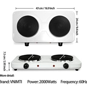 VNIMTI 2000W Countertop Burner Electric Double Hot Plate Stainless Steel Flat Burner Cast Iron Cooktop for Dorm, Office, Home, camping. Temperature Control & Compatible with All Cookware & Fast Heating & Easy to Clean & Portable Compact, White