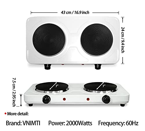 VNIMTI 2000W Countertop Burner Electric Double Hot Plate Stainless Steel Flat Burner Cast Iron Cooktop for Dorm, Office, Home, camping. Temperature Control & Compatible with All Cookware & Fast Heating & Easy to Clean & Portable Compact, White