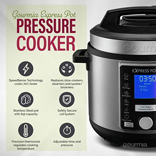 Gourmia GPC965 Digital Multi-Functional Pressure Cooker - Automatic Pressure Release - Adjustable Pressure Control - 13 Cook Modes - Removable Stainless Steel 6 Qt Pot - Lid Lock - Auto Stir Function