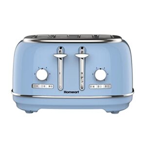 homeart alyssa 4-slice retro toaster – stainless steel with removable crumb tray, adjustable browning control with multiple settings to cancel, defrost and bagel – 1500w, powder blue