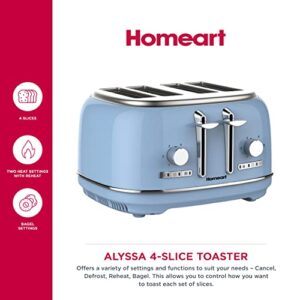 Homeart Alyssa 4-Slice Retro Toaster - Stainless Steel With Removable Crumb Tray, Adjustable Browning Control With Multiple Settings to Cancel, Defrost and Bagel - 1500W, Powder Blue