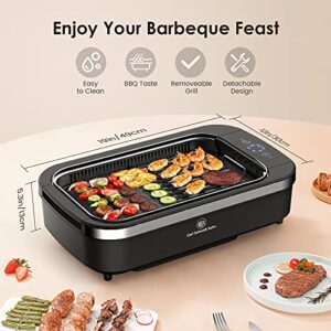 Smokeless Indoor Grill-Electric Grill with Tempered Glass Lid, Removable Nonstick Grill Plate, 15" x 9" Surface,Turbo Smoke Extractor Technology, LED Smart Temperature Control, Anti-slip Base,1500W,Black.