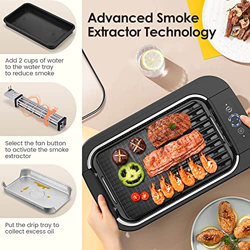 Smokeless Indoor Grill-Electric Grill with Tempered Glass Lid, Removable Nonstick Grill Plate, 15" x 9" Surface,Turbo Smoke Extractor Technology, LED Smart Temperature Control, Anti-slip Base,1500W,Black.