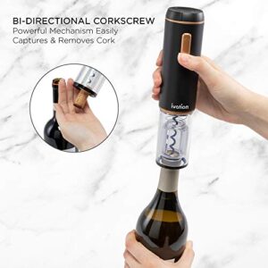 Ivation Electronic Wine Opener Gift Set – Cordless Rechargeable Wine Bottle Cork Extractor with Black & Copper Automatic Corkscrew, Hideaway Foil Cutter, Built-in Light & Lithium Battery