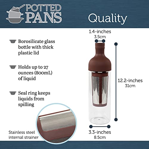 Potted Pans Cold Brew Bottle, 27oz Wine Bottle Shape Tumbler for Iced Coffee or Tea Infuser with Removable Filter- Heatproof Glass, Easy To Hold and Pour