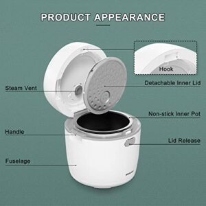 Mishcdea Smart Mini Rice Cooker 3 Cups Uncooked, One-Touch Small Rice Cooker 6 Cups Cooked, Personal Rice Multicooker Steamer With Non-Stick Inner Pot Delay Timer & Keep Warmer, For 1-2 People, White