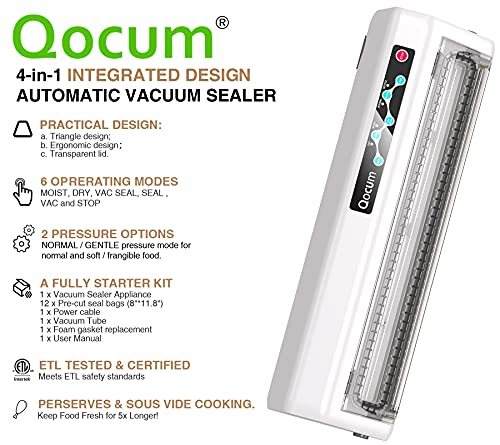 Qocum Vacuum Sealer Machine for Food Savers and Sous-Vide, Automatic Food Sealer with Dry/Moist/Normal/Gentle Mode, Clear Cover Design, food saver Vacuum Sealer Compatible with All Vacuum Sealer Bags