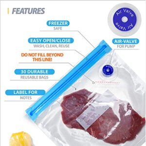 Sous Vide Bags 30 Pack Reusable Vacuum Food Storage Bags for Anova, Joule Cookers - 3 Sizes Vacuum Food Bags, 1 Hand Pump, 4 Sealing Clips and 4 Clamps for Food Storage and Sous Vide Cooking