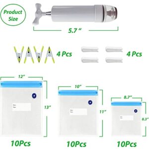 Sous Vide Bags 30 Pack Reusable Vacuum Food Storage Bags for Anova, Joule Cookers - 3 Sizes Vacuum Food Bags, 1 Hand Pump, 4 Sealing Clips and 4 Clamps for Food Storage and Sous Vide Cooking