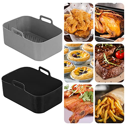 CALIDAKA Air Fryer Silicone Pot for Ninja Foodi Dual DZ201 DZ401, Reusable Silicone Air Fryer Liners, Rectangle Air Fryer Basket with Heat-Proof Gloves for Ninja 8 QT Air Fryers(Black)