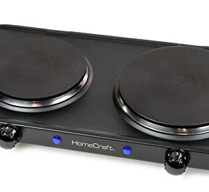 HomeCraft HCDB15BK Portable Countertop Double Burner Hot Plate Electric Cooktop 1500-Watts, Adjustable Temperature Control, Black