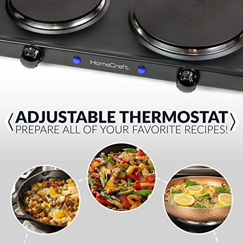 HomeCraft HCDB15BK Portable Countertop Double Burner Hot Plate Electric Cooktop 1500-Watts, Adjustable Temperature Control, Black