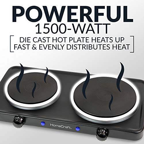 HomeCraft HCDB15BK Portable Countertop Double Burner Hot Plate Electric Cooktop 1500-Watts, Adjustable Temperature Control, Black