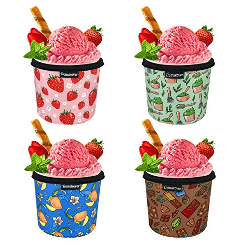 4 Pack Ice Cream Pint Size Ice Cream Sleeves Neoprene Cover with Spoon Holder Cover (Taste)