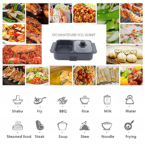 SNKOURIN Hot Pot with Grill,2 in 1 Indoor Non-Stick Electric Hot Pot and Frying Pan,Independent Temperature Control,Portable Multifunctional Smokeless Korean BBQ Grill for 1 - 2 People (Black)