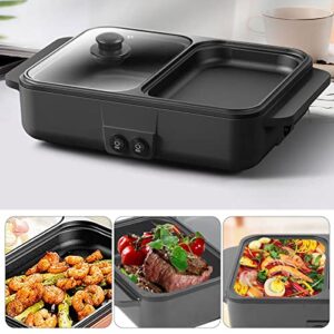 SNKOURIN Hot Pot with Grill,2 in 1 Indoor Non-Stick Electric Hot Pot and Frying Pan,Independent Temperature Control,Portable Multifunctional Smokeless Korean BBQ Grill for 1 - 2 People (Black)