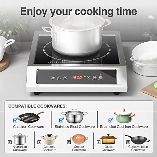 Portable Induction Cooktop, Countertop Burner Induction Hot Plate Electric for Cooking 1800W, 9 Temp Levels, 3 Hours Timer, Auto-Shut-Off, Touch Panel, LED Display, Auto Pot Detection, Child Safety Lock