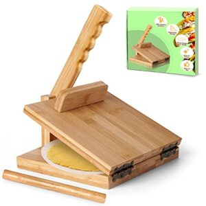 tortilla press 10 inch roti maker large bamboo wood tortilla press with rolling pin &100 pcs parchment paper quesadilla maker for homemade tortilla, roti.