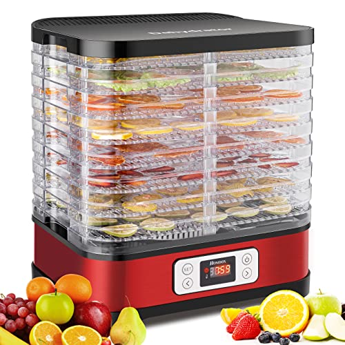 Homdox Food Dehydrator Machine, Dehydrators for Food and Jerky with Fruit Roll Sheet + 8 Trays + 400W Digital Timer and Temperature Control (95ºF-158ºF), BPA Free Red(2023 Newest)