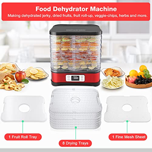 Homdox Food Dehydrator Machine, Dehydrators for Food and Jerky with Fruit Roll Sheet + 8 Trays + 400W Digital Timer and Temperature Control (95ºF-158ºF), BPA Free Red(2023 Newest)