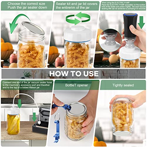 Mason Jar Electric Vacuum Sealer, Portable Food Vacuum Sealer Kit, Attachment Hose Compatible Vacuum Sealer Jars, for Regular Mouth and Wide Mouth Mason Jars with Electric Vacuum Pump and Lid opener