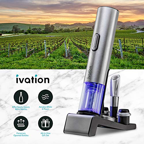 Ivation 6-in-1 Wine Gift Set – Wine Lover’s Dream Includes Stainless Steel Electric Wine Bottle Opener, Electric Vacuum Wine Preserver, 2 Dated Cork Stoppers, Bonus Foil Cutter & Charging Base