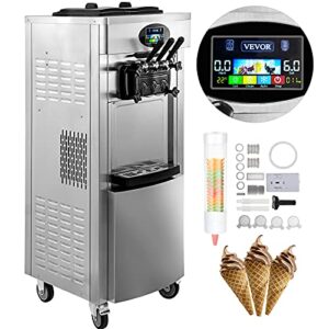 vevor 2200w commercial soft ice cream machine 3 flavors 5.3 to 7.4gallon per hour precooling at night auto clean lcd panel for restaurants snack bar, sliver