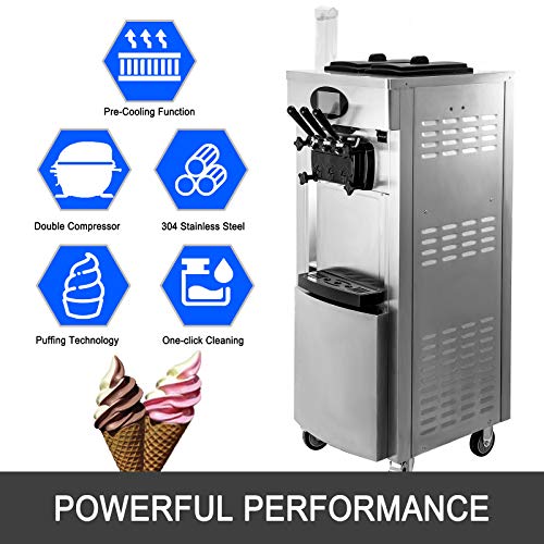 VEVOR 2200W Commercial Soft Ice Cream Machine 3 Flavors 5.3 to 7.4Gallon per Hour PreCooling at Night Auto Clean LCD Panel for Restaurants Snack Bar, Sliver