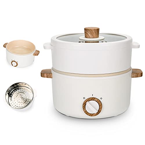 ENCOFT Electric Hot Pot with Steamer for cooking, 1.5L Stainless Steel Ramen Cooker, Shabu Shabu Hot Pot, Multifunctional Cooking Pot with Overheating Protection for Stew (1.5L)