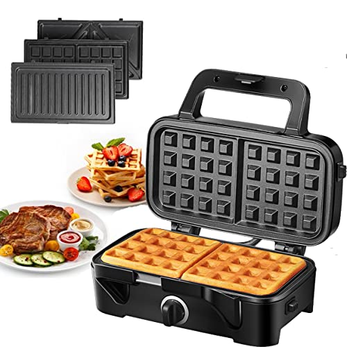 CH66 Waffle Maker 3 in 1 Sandwich Maker, 1200W Waffle Iron with Removable Plates, LED Indicator Lights and 5 Temperature Control, Cool Touch Handle Easy to Clean, Silver 11.2*9.01*4.64 inch