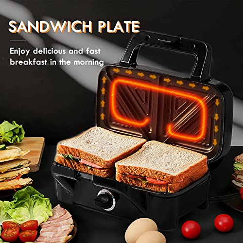 CH66 Waffle Maker 3 in 1 Sandwich Maker, 1200W Waffle Iron with Removable Plates, LED Indicator Lights and 5 Temperature Control, Cool Touch Handle Easy to Clean, Silver 11.2*9.01*4.64 inch