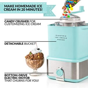 Nostalgia Electric Ice Cream Maker & Candy Crusher, 2 Quarts, Soft Serve Machine for Ice Cream, Frozen Yogurt & Sorbet in Minutes, Works with Candy Bars, Chocolate Chips, Nuts & More, Aqua