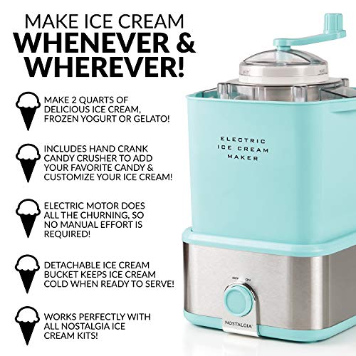 Nostalgia Electric Ice Cream Maker & Candy Crusher, 2 Quarts, Soft Serve Machine for Ice Cream, Frozen Yogurt & Sorbet in Minutes, Works with Candy Bars, Chocolate Chips, Nuts & More, Aqua