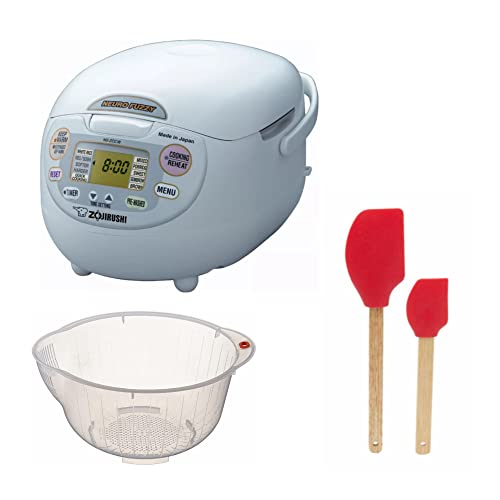 Zojirushi NSZCC18WZ Neuro Fuzzy 10-Cup Rice Cooker and Warmer with Inomata 9.5-inch Rice Washing Bowl with Side and Bottom Drainers and HDS Trading 2-Piece Silicone Spatula (3 Items)