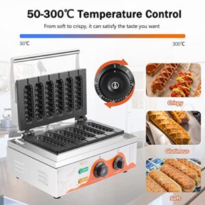 Moongiantgo Commercial Corn Dog Waffle Maker Machine 6 PCS 1550W Waffles on a Stick Maker Stainless Steel, 50-300℃ Temp Control, 5-min Timer Waffle Dog Maker 110V(White)